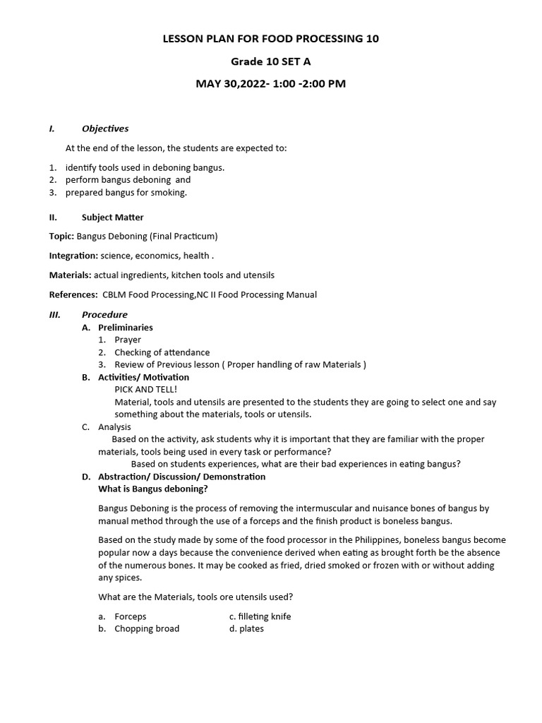 LESSON PLAN FOR FOOD PROCESSING 10 Final COT 2022 | PDF | Kitchen Utensil | Food Processing