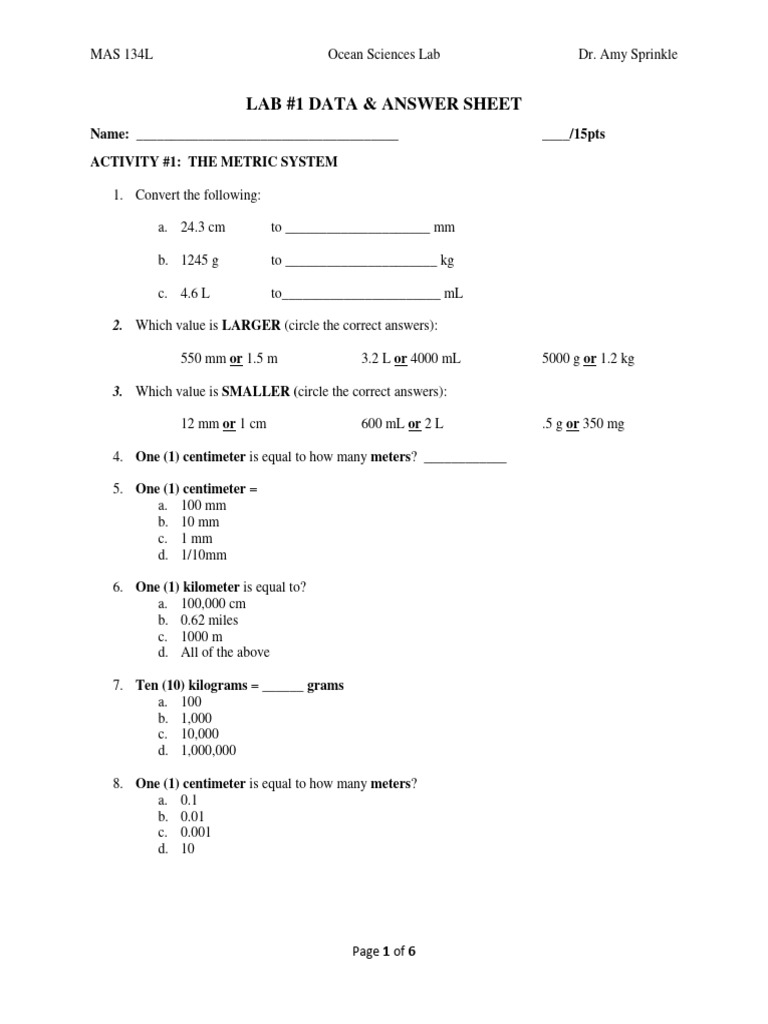 Lab #1 Data & Answer Sheet Updated Jan - 12!23!1 | PDF | Speed | Experiment