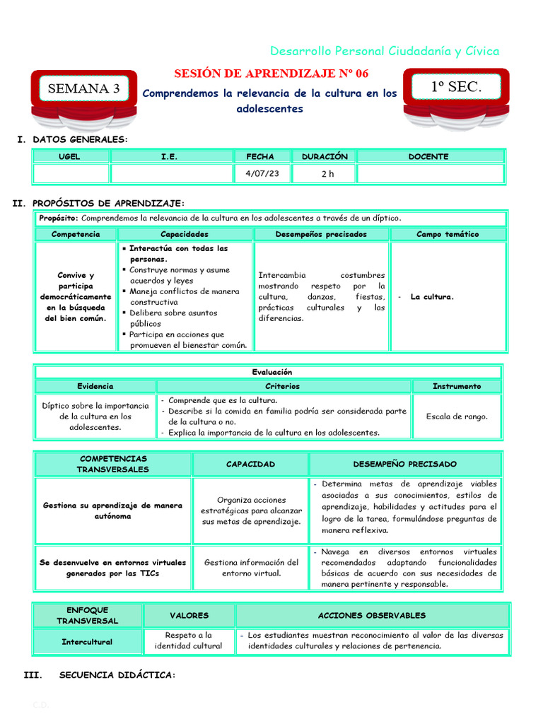 1° Sesión de Aprendizaje Sesión 6-Sem.3-Exp.4-Dpcc | PDF | Aprendizaje | Evaluación
