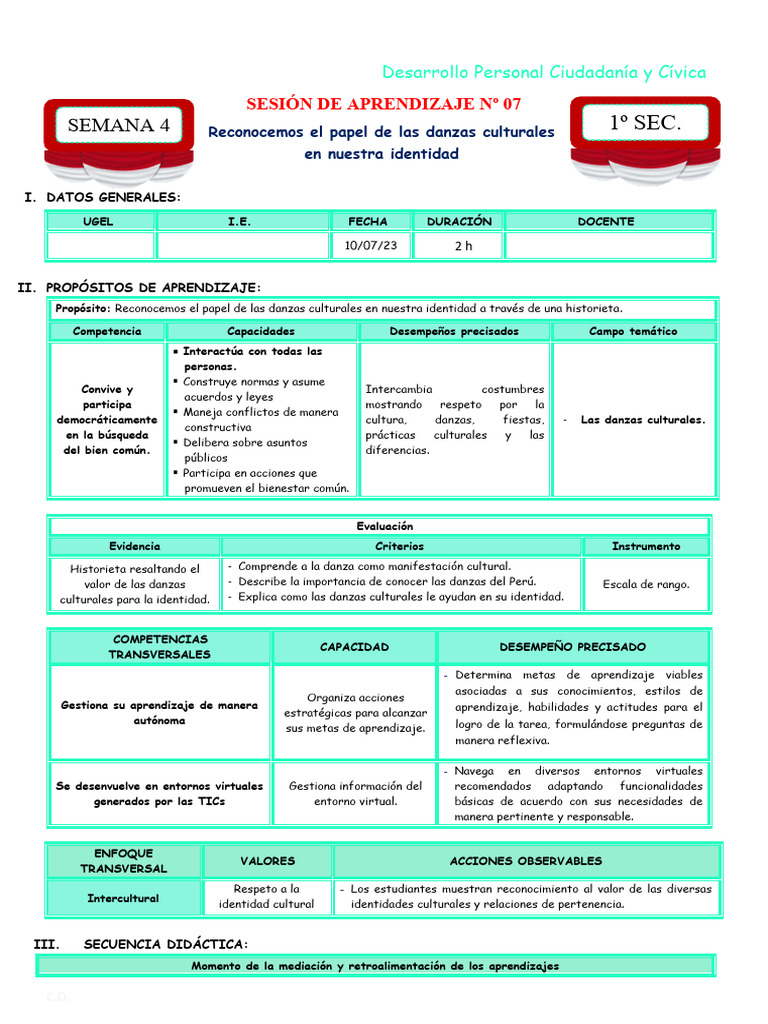 1° SESIÓN DE APRENDIZAJE SESIÓN 7-SEM.4-EXP.4-DPCC | PDF | Aprendizaje | Evaluación