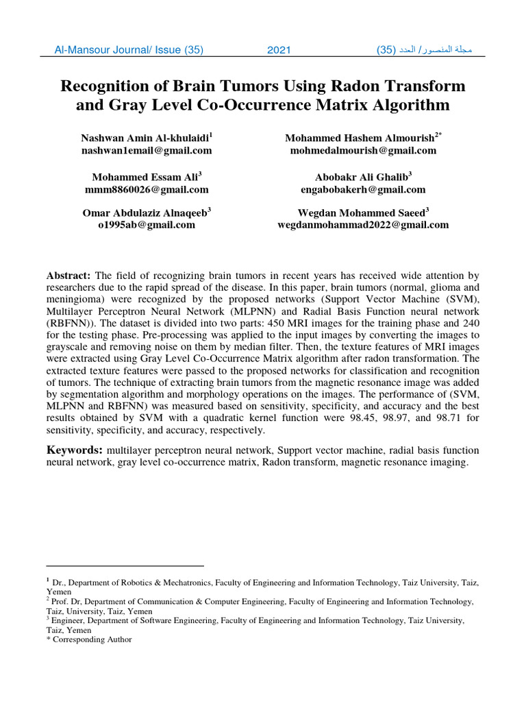 Recognition Of Brain Tumors Using Radon Transform And Gray Level Co Occurrence Matrix Algorithm