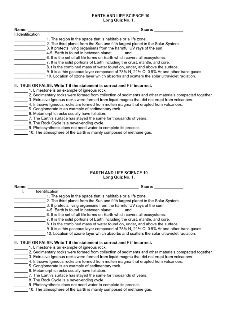 EARTH AND LIFE SCIENCE Quiz 1 | PDF | Rock (Geology) | Earth
