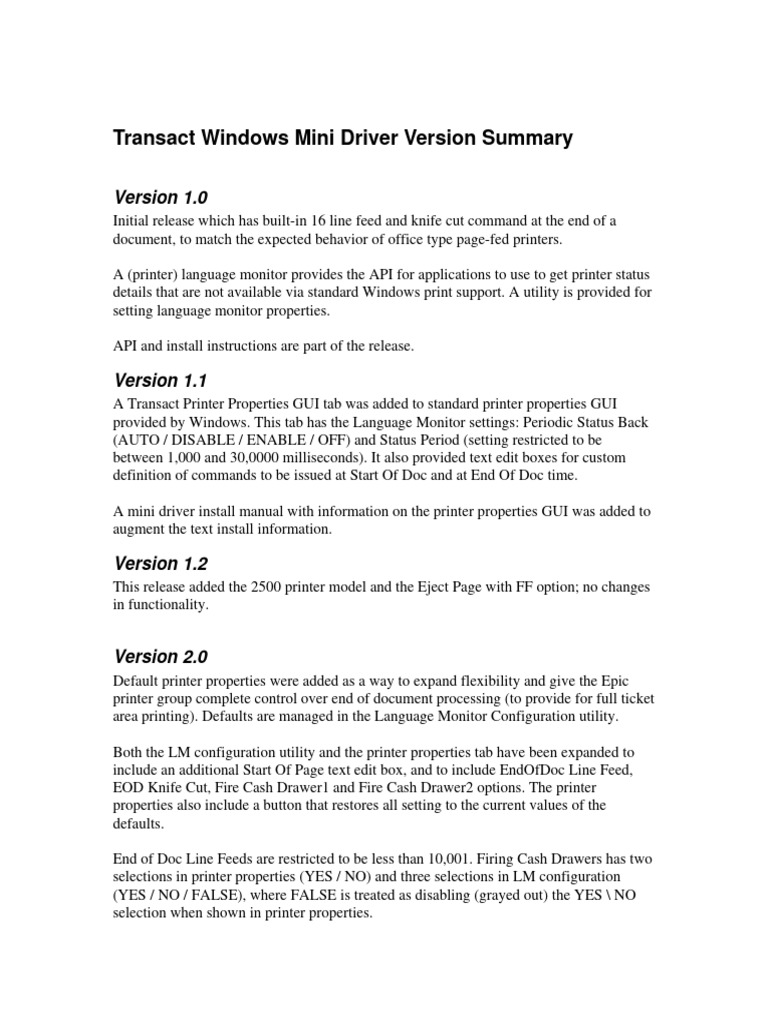 Transact Windows Mini Driver Version Summary | PDF