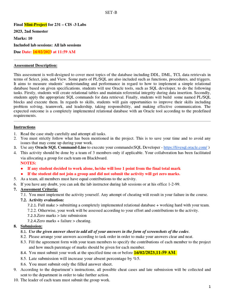 Mini-Project 231-CIS - LAB SET-B | PDF | Sql | Pl/Sql