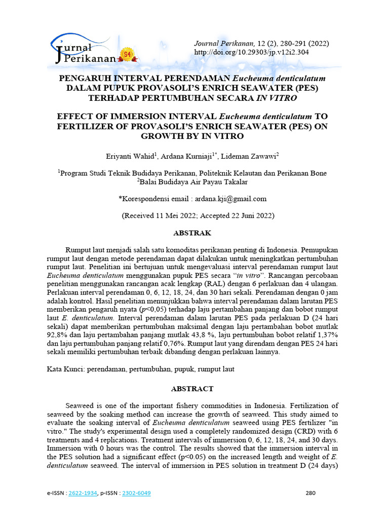 Journal Perikanan, 12 (2), 280-291 (2022) : Abstrak | PDF