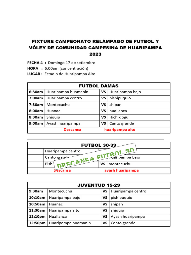Fixture Campeonato Relámpago de Futbol y Vóley de C - C de Huaripampa ...
