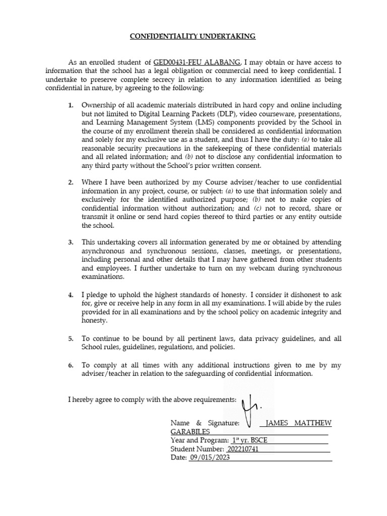 Student Confidentiality Agreement | PDF | Confidentiality | Privacy
