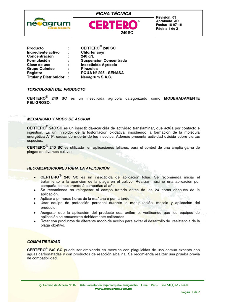 FT - Certero 240 SC | PDF | Insecticida | Química