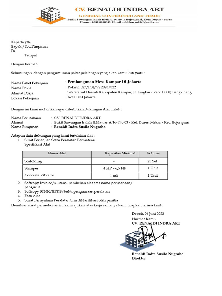 Permohonan Dukungan Alat CV. Reinaldi (Kampar) | PDF