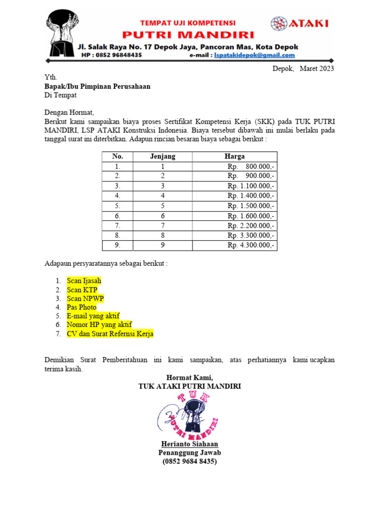Harga SKK TUK Putri Mandiri | PDF