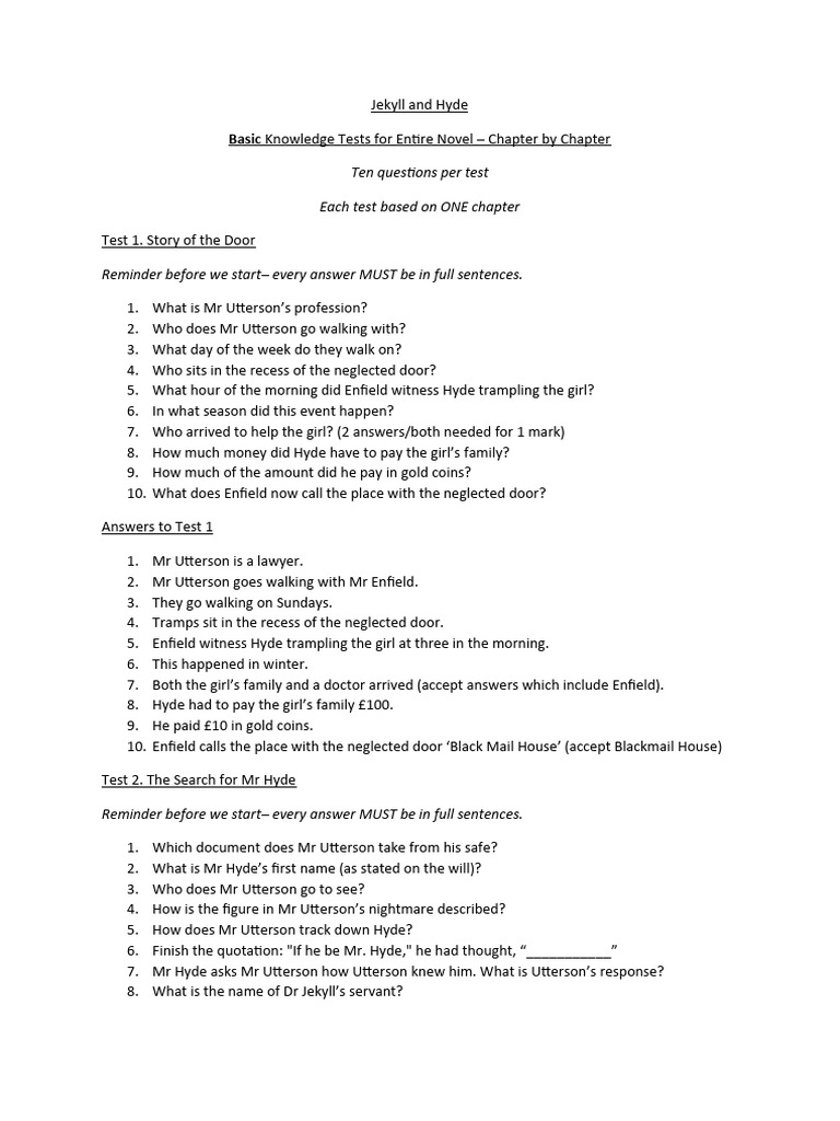 Jekyll and Hyde Chapter Tests | PDF | Strange Case Of Dr Jekyll And Mr ...
