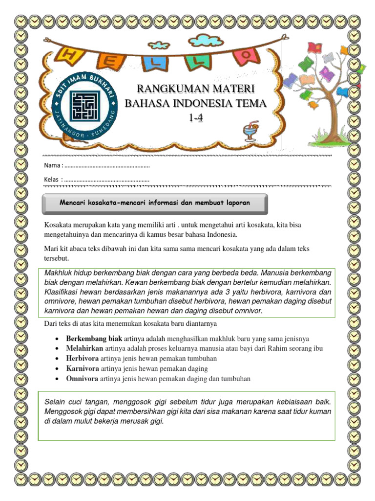 Rangkuman Materi B.indo Kelas 3 Tema 1-4 | PDF