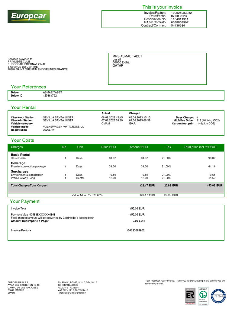 Europcar Invoice for Rental Services | PDF | Business | Market (Economics)