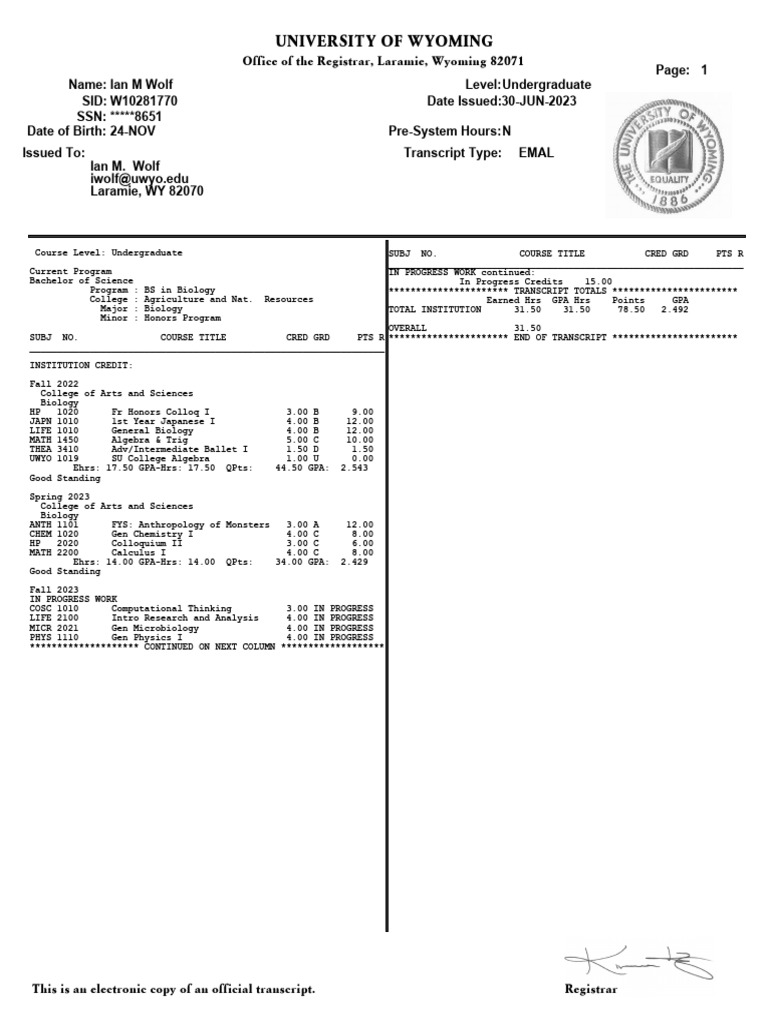 University of Wyoming Official Transcript | PDF | Course Credit | Academia