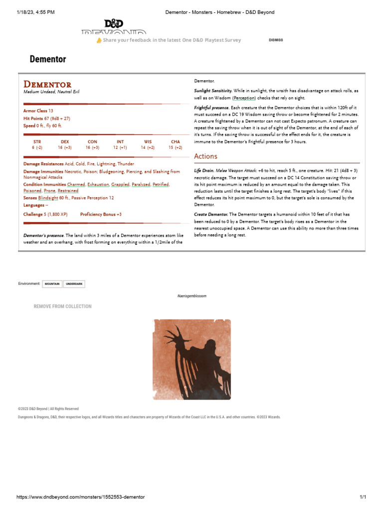 Dementor Stat Block for D&D 5E | PDF | Dungeons & Dragons | Gaming