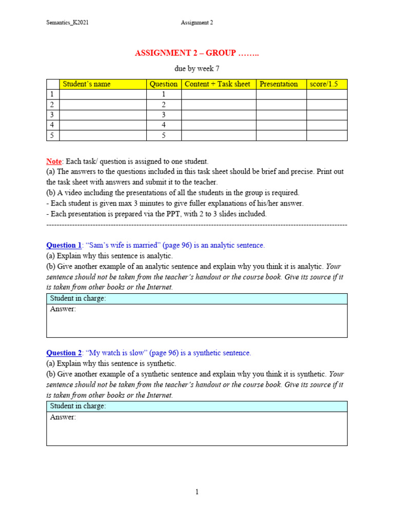 Assignment 2 (Semantics) | PDF