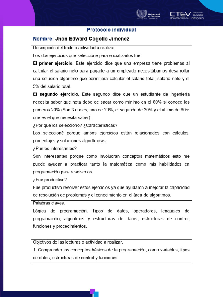 PROTOCOLO INDIVIDUAL ALGORITMO Y PROGRAMACION UNIDAD 1 (1) | PDF | Algoritmos | Lenguaje de ...