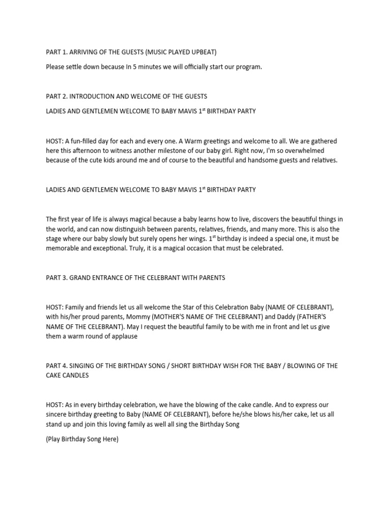 1st Birthday Script | PDF | Birthdays
