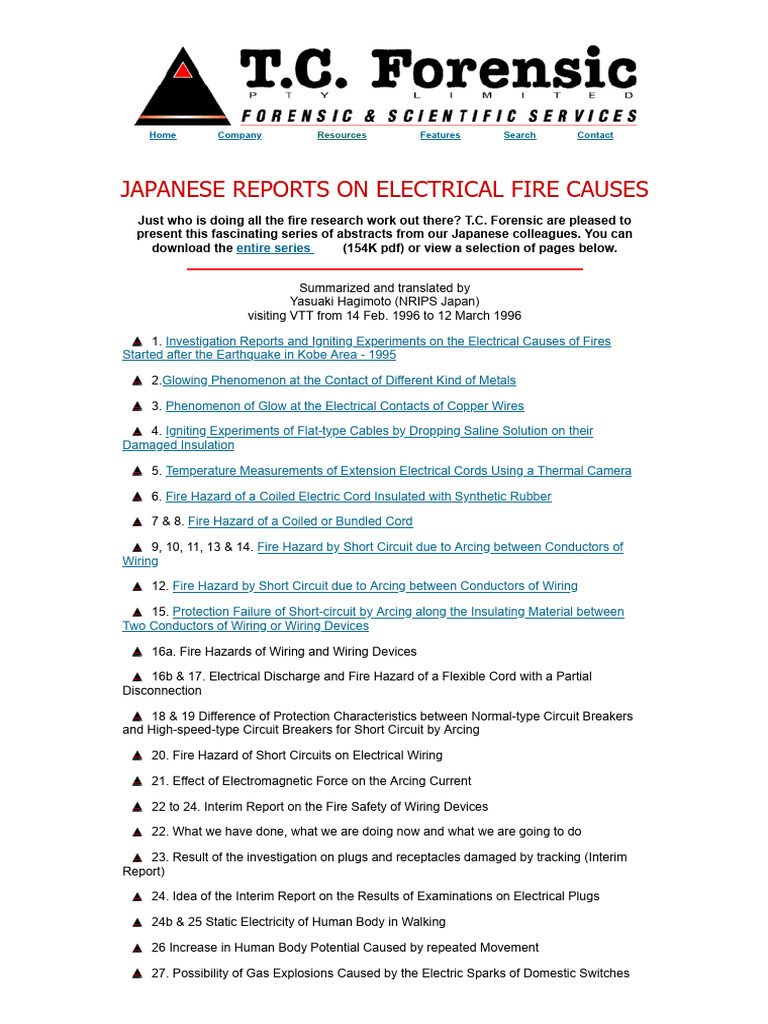 T.C. Forensic - JAPANESE REPORTS ON ELECTRICAL FIRE CAUSES | PDF | Electrical Wiring | Electric Arc
