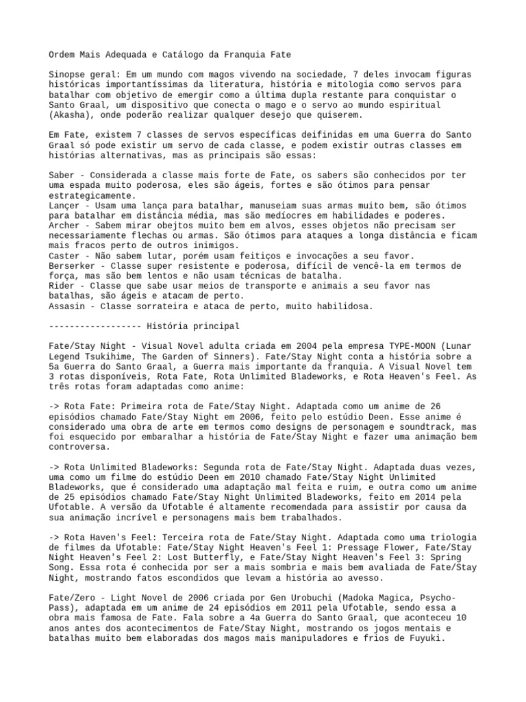 Fate Series Obras Principais Timeline Original | PDF