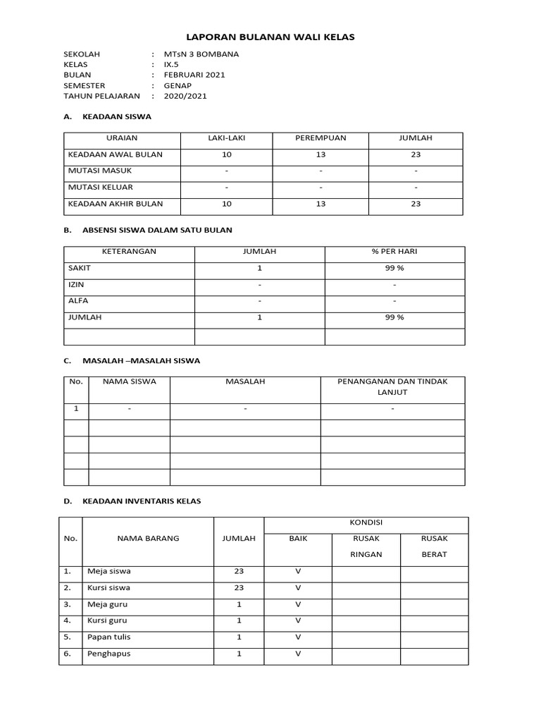 Laporan Bulanan Wali Kelas | PDF