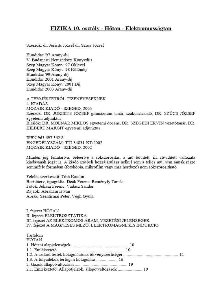 Jurisits-Szűcs - Fizika 10. Osztály - Hőtan - Elektromosságtan (2005, 157 Oldal) | PDF