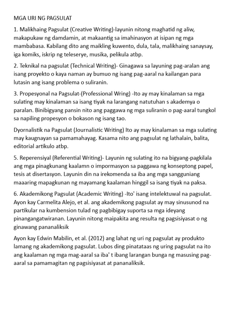 Mga Uri NG Pagsulat | PDF
