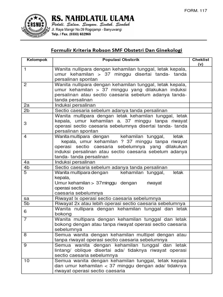 FORM.117 Formulir Kriteria Robson SMF Obstetri Dan Ginekologi | PDF ...