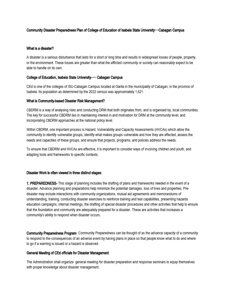 Community Disaster Preparedness Plan | PDF | Emergency | Emergency ...