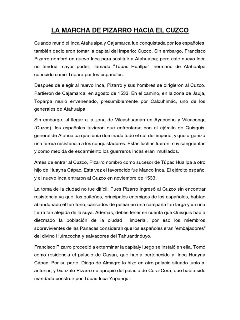 La Marcha de Pizarro Hacia El Cuzco | PDF | Imperio Inca | Francisco ...