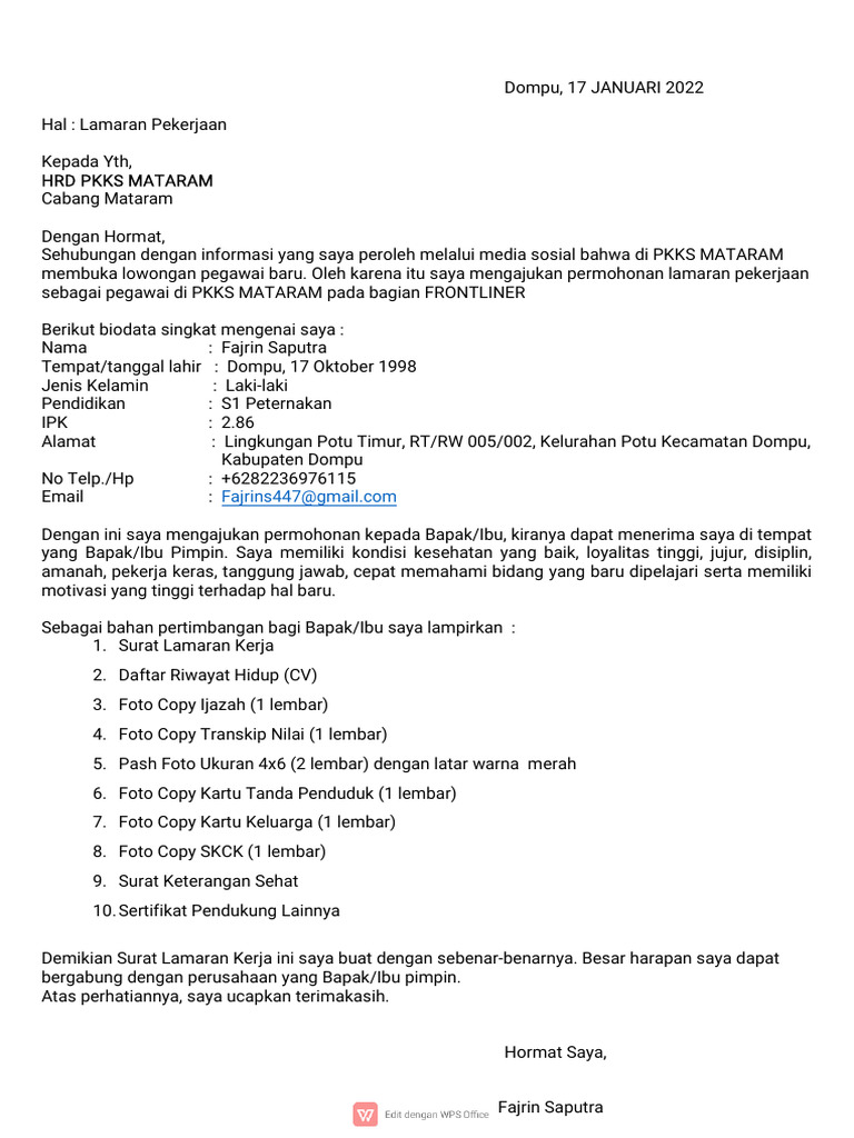 Lamaran Fajrin Saputra Pkks Mataram | PDF