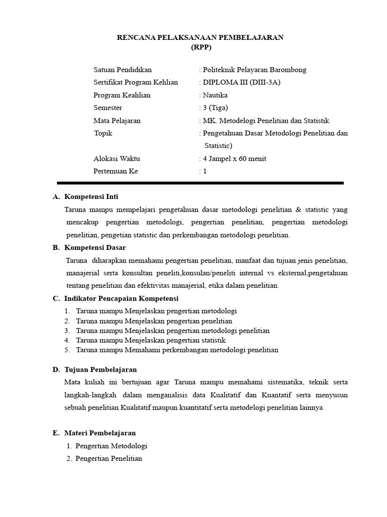 RPP Revisi Metodelogi Penelitian Dan Statistik | PDF