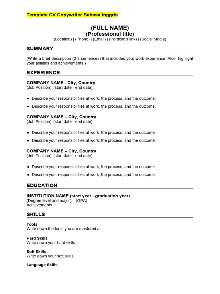 Template CV ATS-friendly Bahasa Inggris | PDF