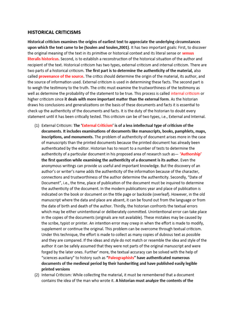 Internal vs External Historical Criticism | PDF | Truth | Textual Criticism