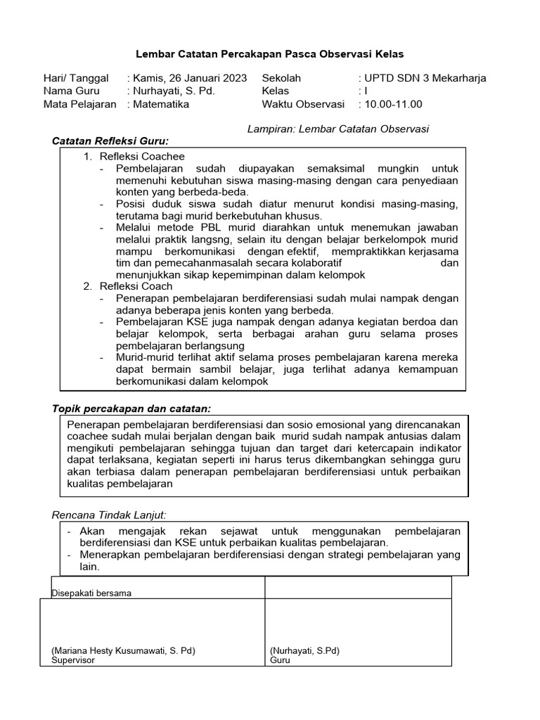 Lembar Catatan Percakapan Pasca-Observasi Kelas | PDF