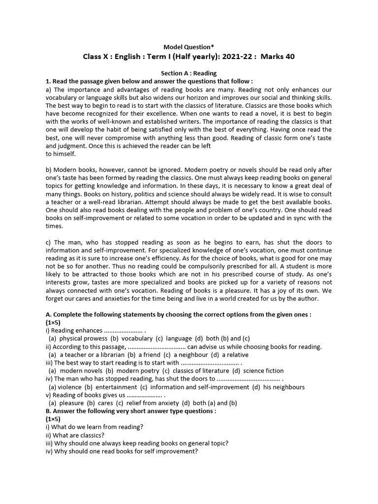 Class X ENGLISH Model Question | PDF | Language Arts & Discipline ...