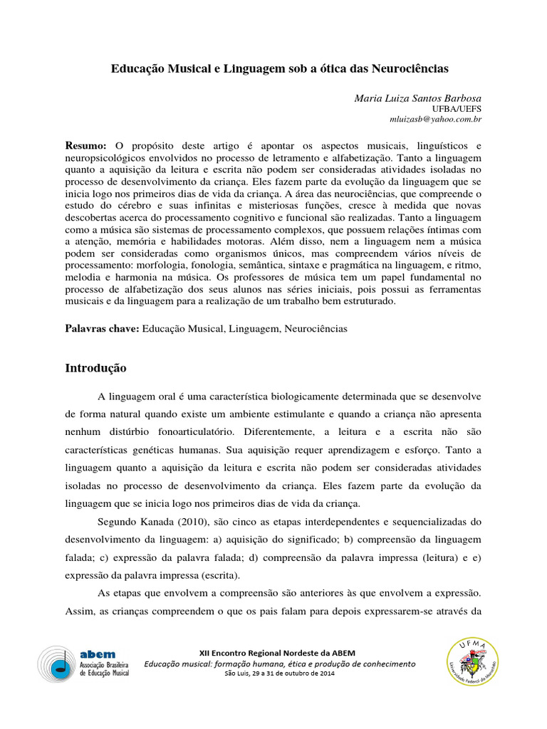 Educacao Musical e Linguagem Sob A Otica Das Neurociencias | PDF ... Educacao Musical e Linguagem Sob A Otica Das Neurociencias | PDF ...