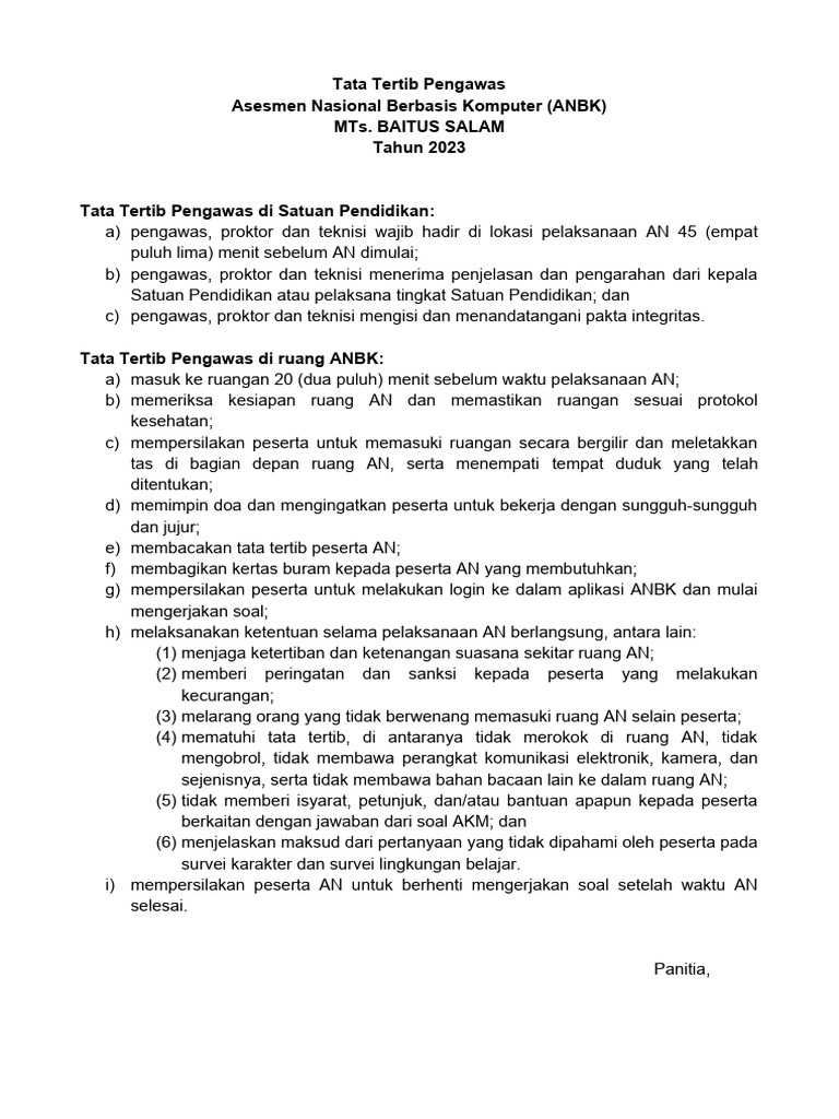 Tata Tertib Pengawas ANBK 2023 | PDF