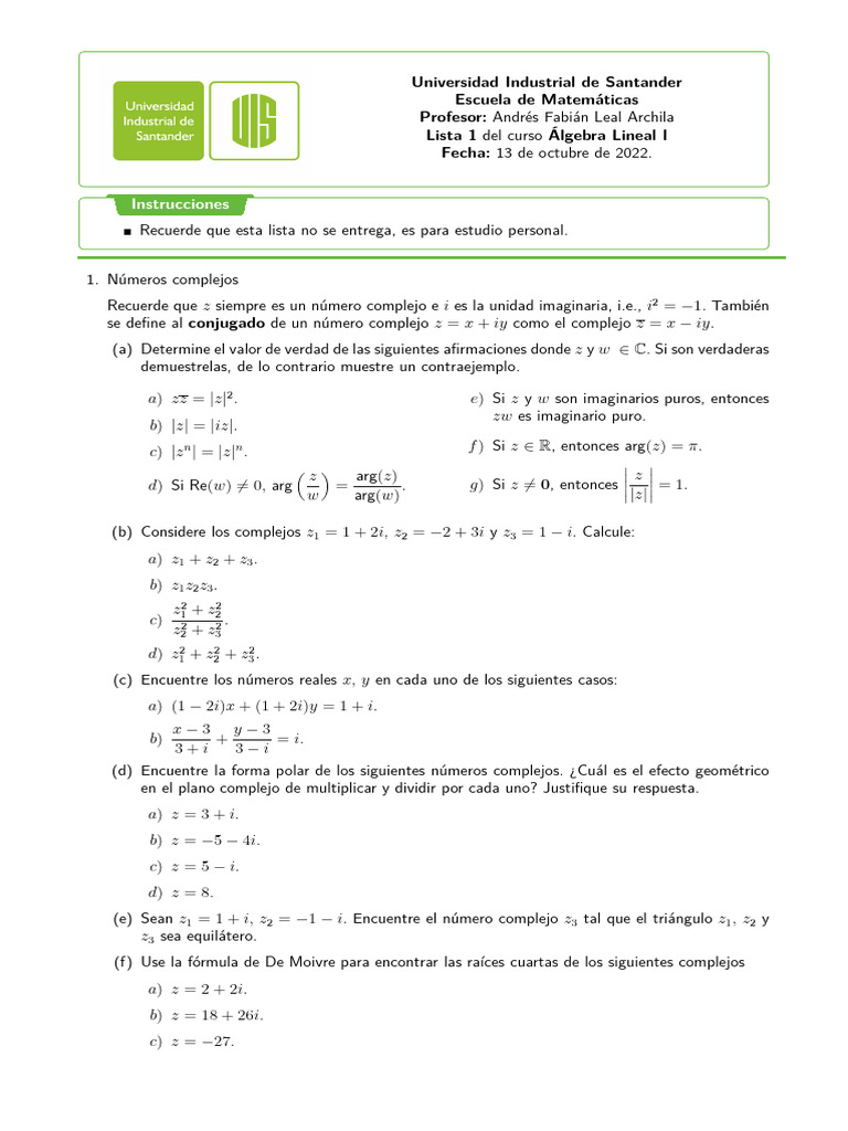 Jitorres - ALI - Lista 1 - Complejos - 2022-2 | PDF