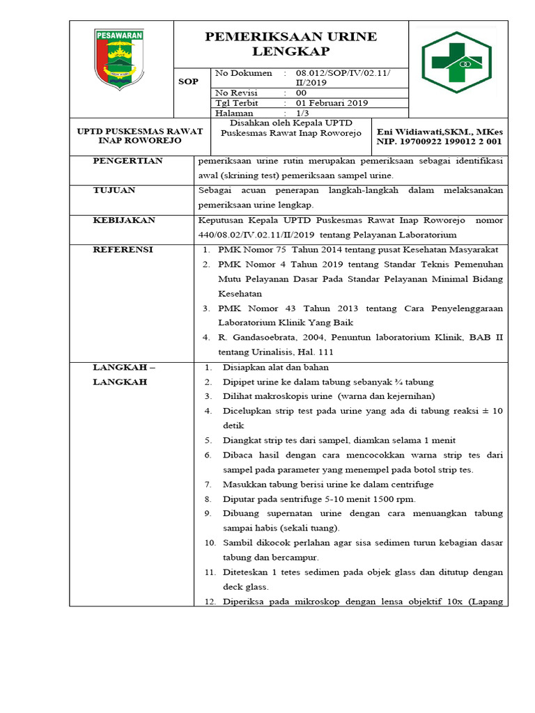 1B L Sop Pemeriksaan Urin Lengkap | PDF