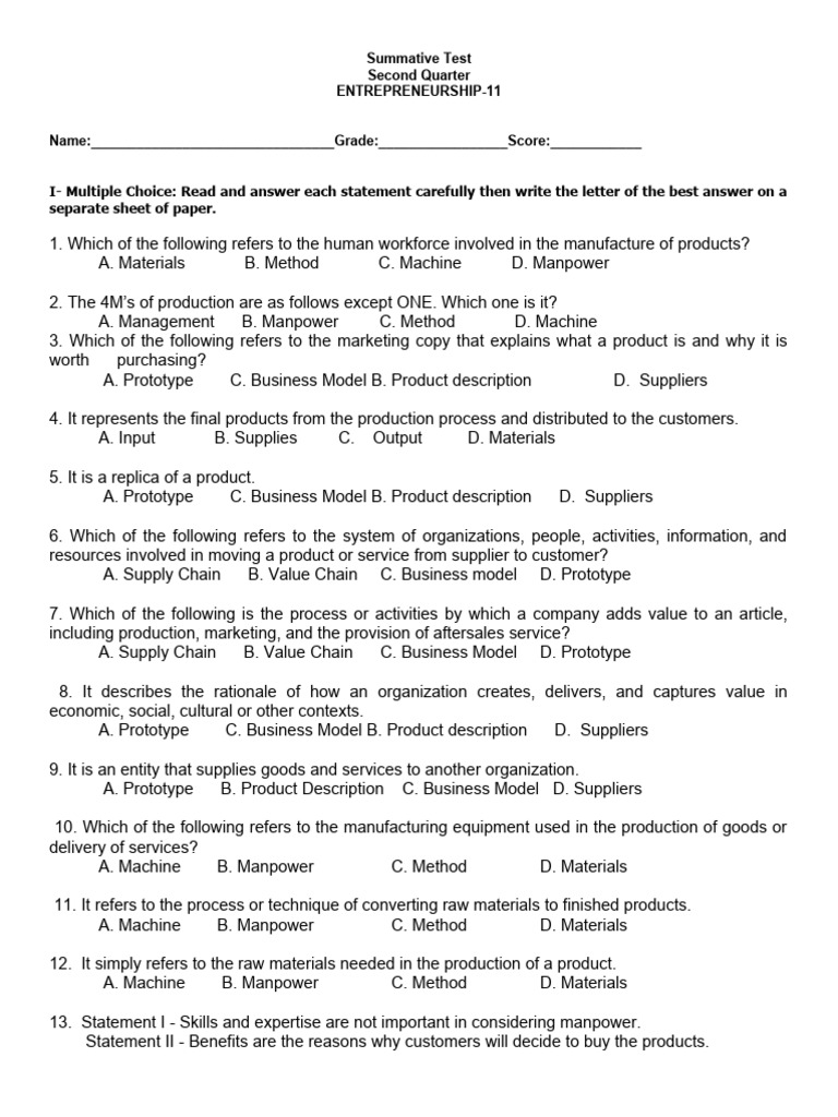 Grade 12 Entrepreneurship 2nd Quarter Test | PDF