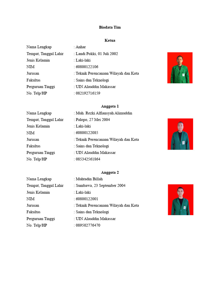 (Biodata-Tim) - (Planogenic) - (UIN Alauddin Makassar) - 1 | PDF