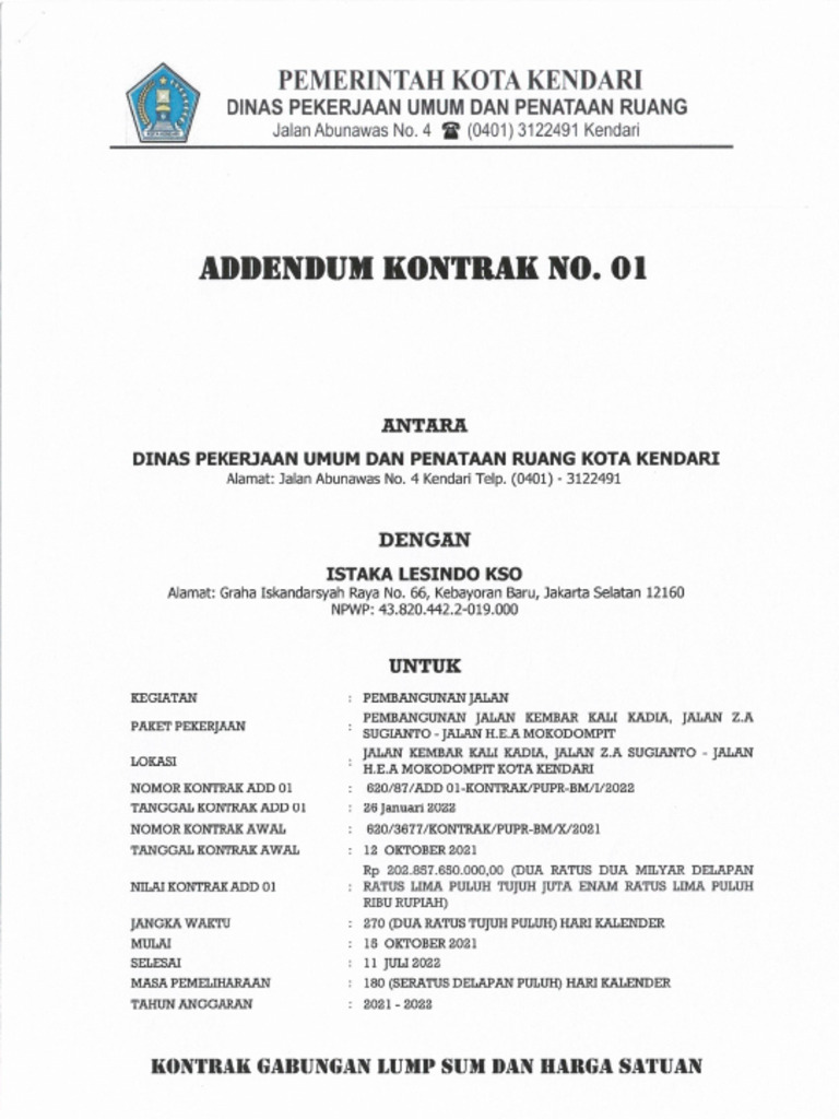 Add Kontrak No.1 Proyek Jalan Kembar Kali Kadia (Scan) - Full | PDF