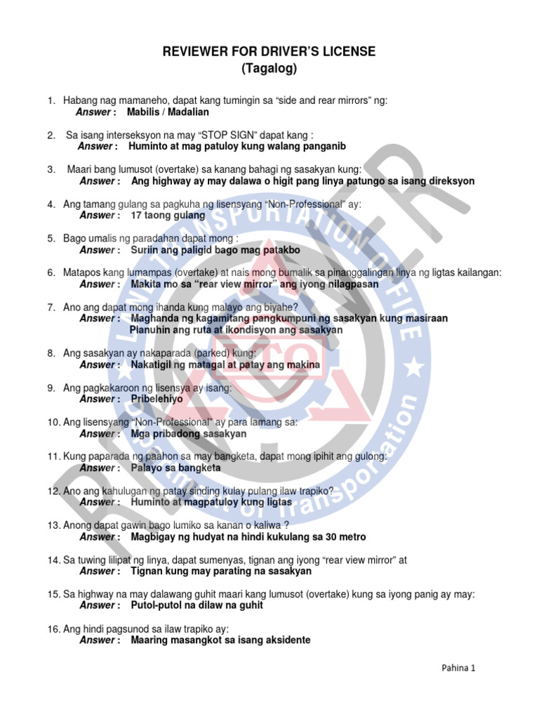 Tagalog-Driver Exam Answers - Unlocked | PDF