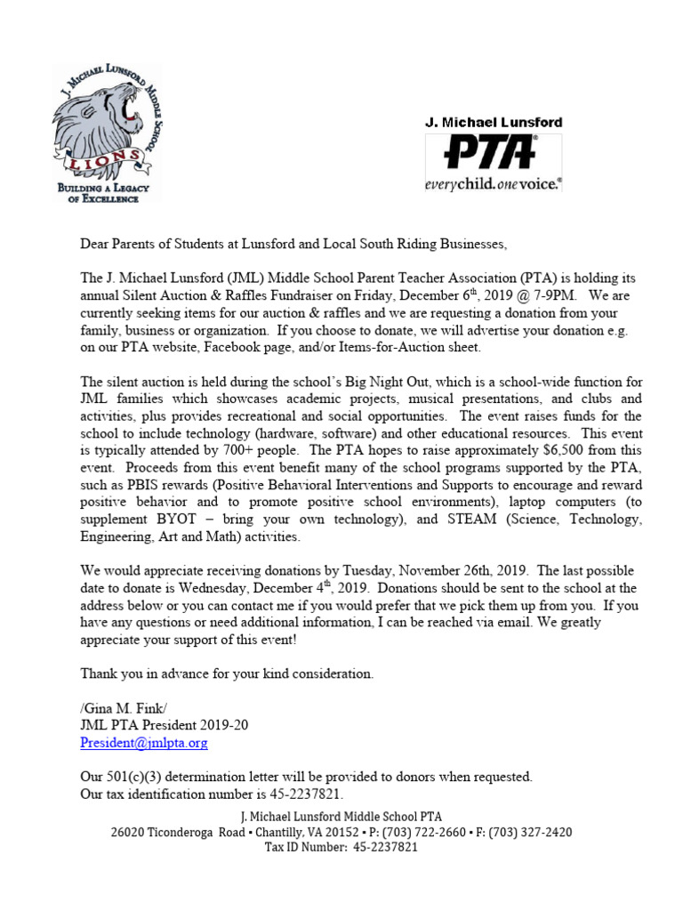 JML - PTA - Request - For - Donations - For - Silent - Auction - Letter ...