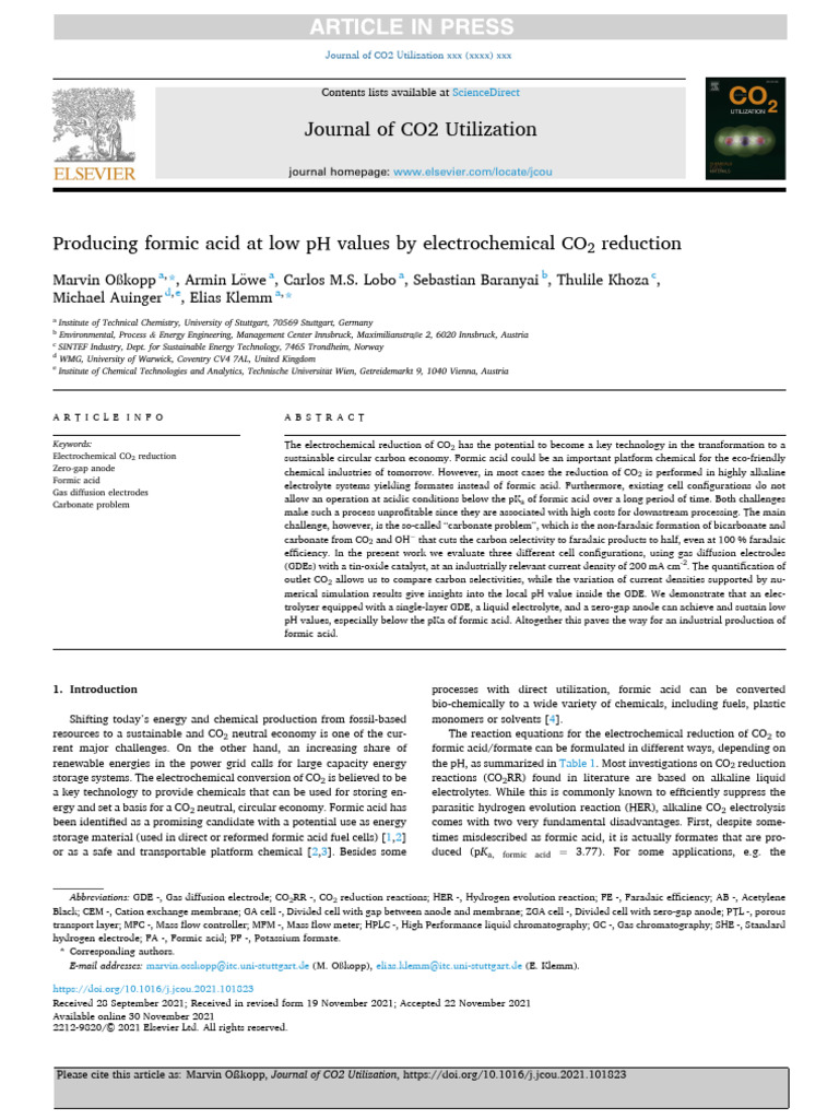 Producing Formic Acid at Low PH Values by Electrochemical CO2 Reduction ...