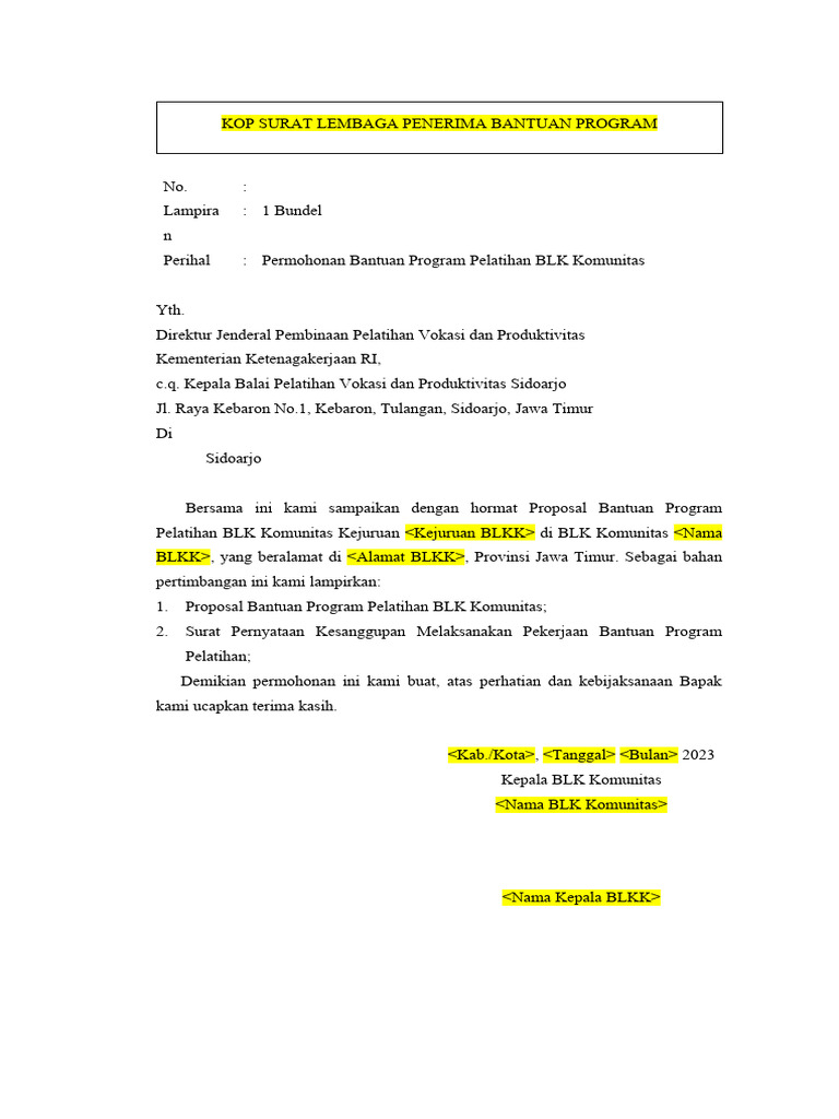 Surat Permohonan Bantuan Program Pelatihan BLK Komunitas | PDF