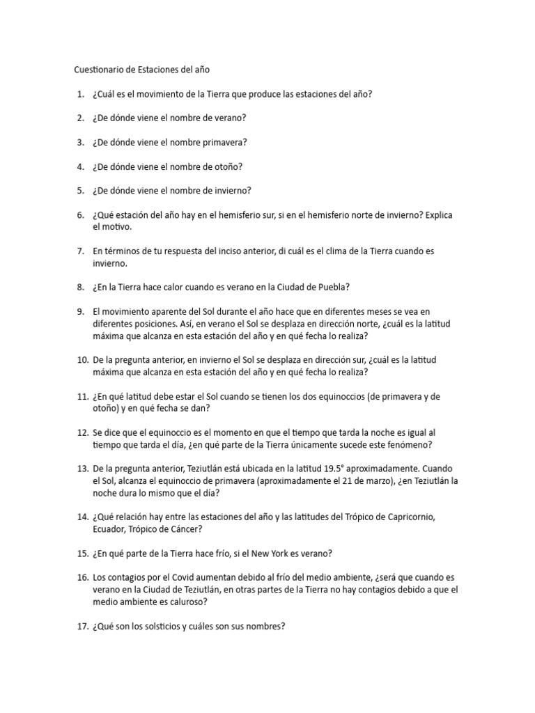 Cuestionario sobre Estaciones del Año | PDF | Invierno | Temporada de ...