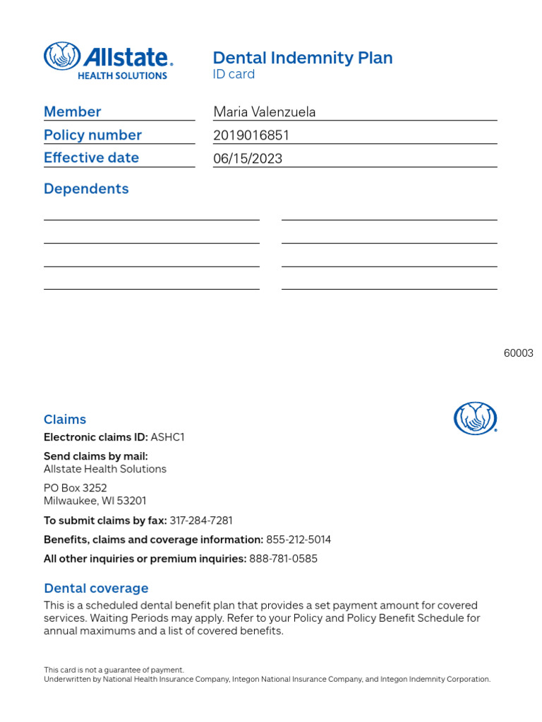 Dental Indemnity Plan: ID Card Member Policy Number Effective Date ...