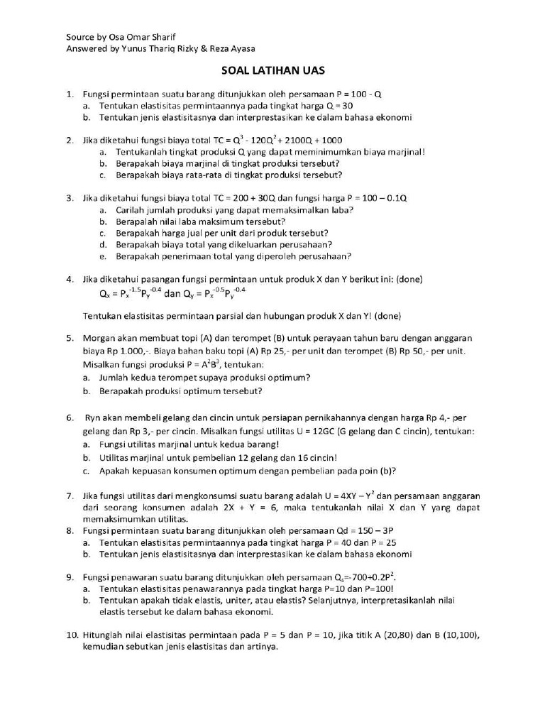 PDF Latihan Soal Matematika Ekonomi Pembahasan Mbti Institut Manajemen Telkom Compress | PDF